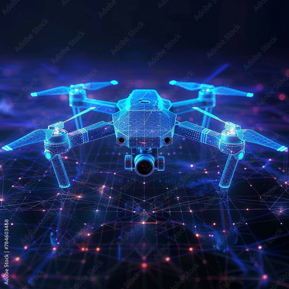 smart blue digital hologram drone with camera , ai in aerial ...