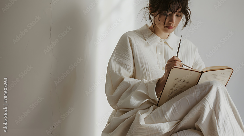 Woman in white wearing write or draw in notebook sitting over white ...