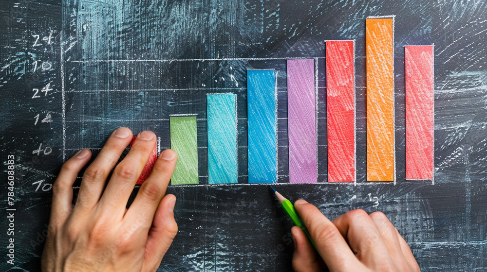 Hands drawing a bar graph with one bar extending beyond the chart ...