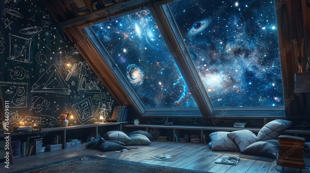 A dreamy attic study with skylights showing the night sky, filled with ...