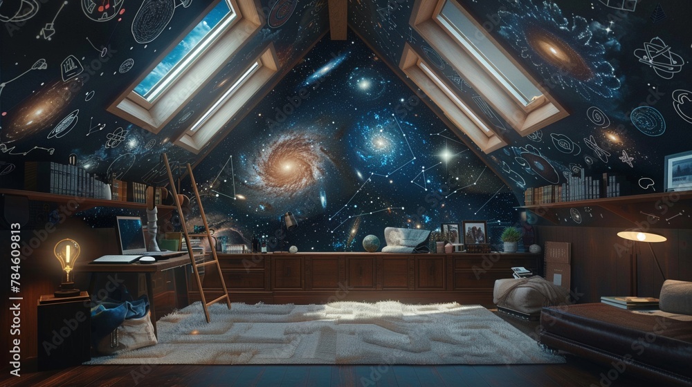A dreamy attic study with skylights showing the night sky, filled with ...