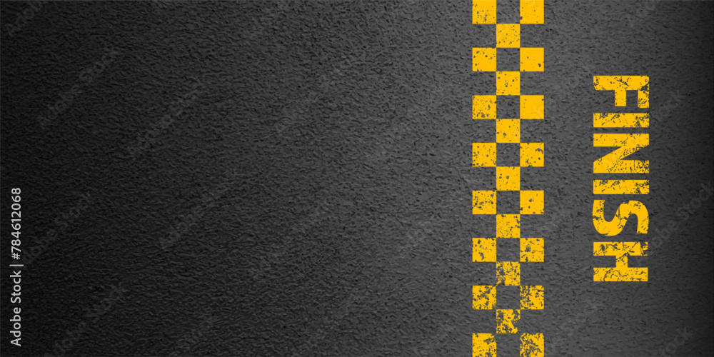 Asphalt road with yellow finish line marking, concrete highway surface ...