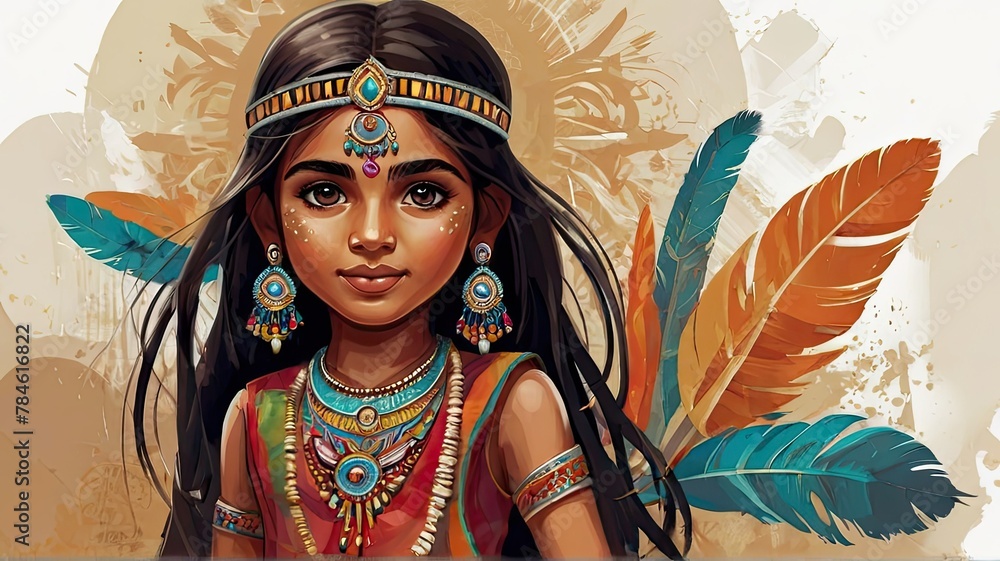 An illustration of a cute indigenous girl wearing feathers in her hair ...