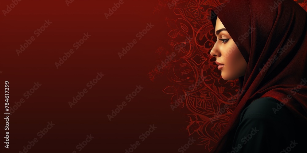beautiful arabic person on a dark red background with arabic pattern ...