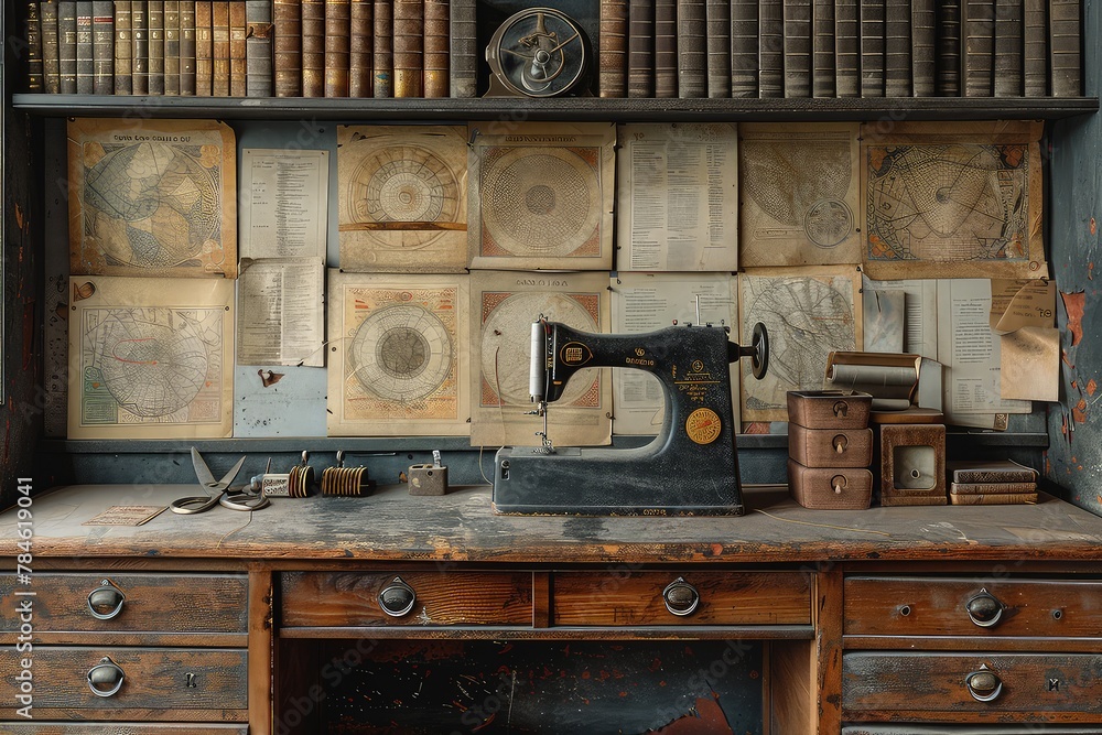 Tailor's retro workshop with an old sewing machine. A journey through ...
