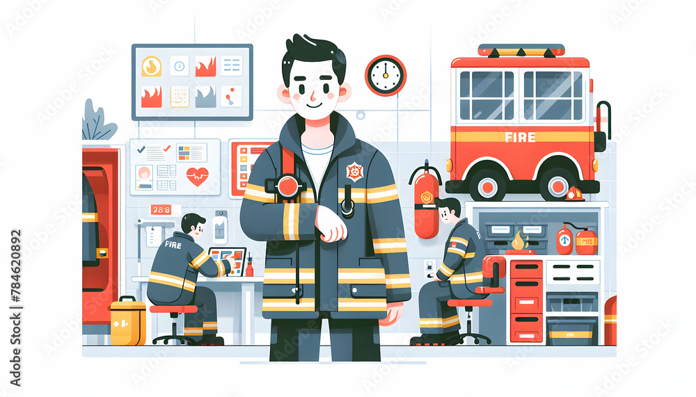 Simple flat vector illustration depicting daily life at the fire ...