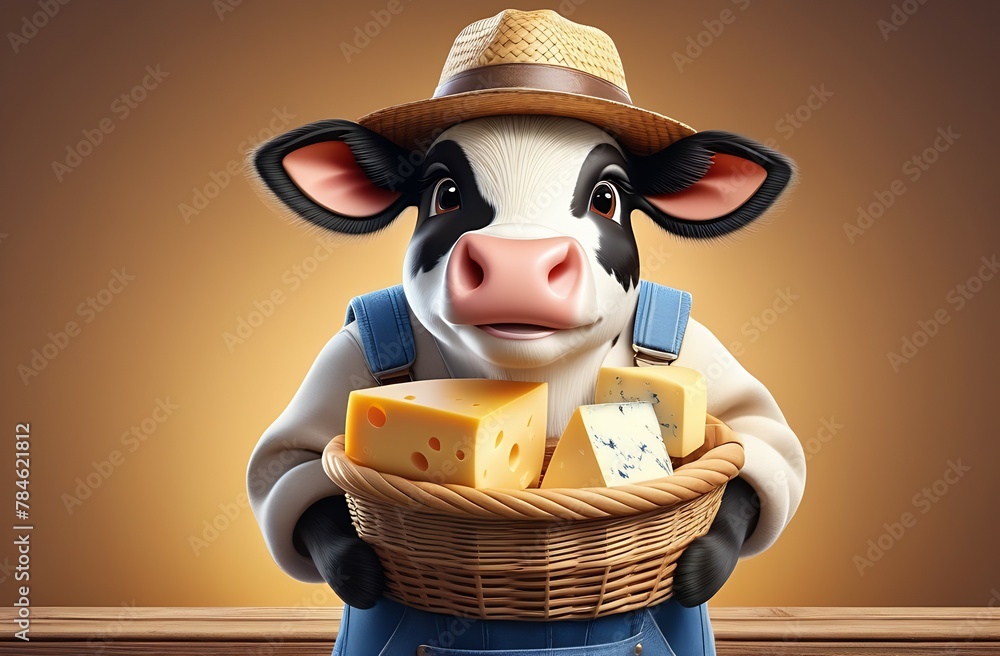 Cartoon character cow in hat holding basket with different cheeses on ...