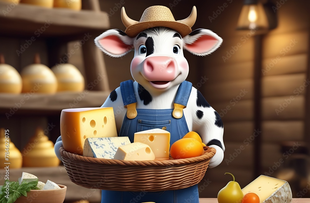 Cartoon character cow in holding basket with different cheeses in ...