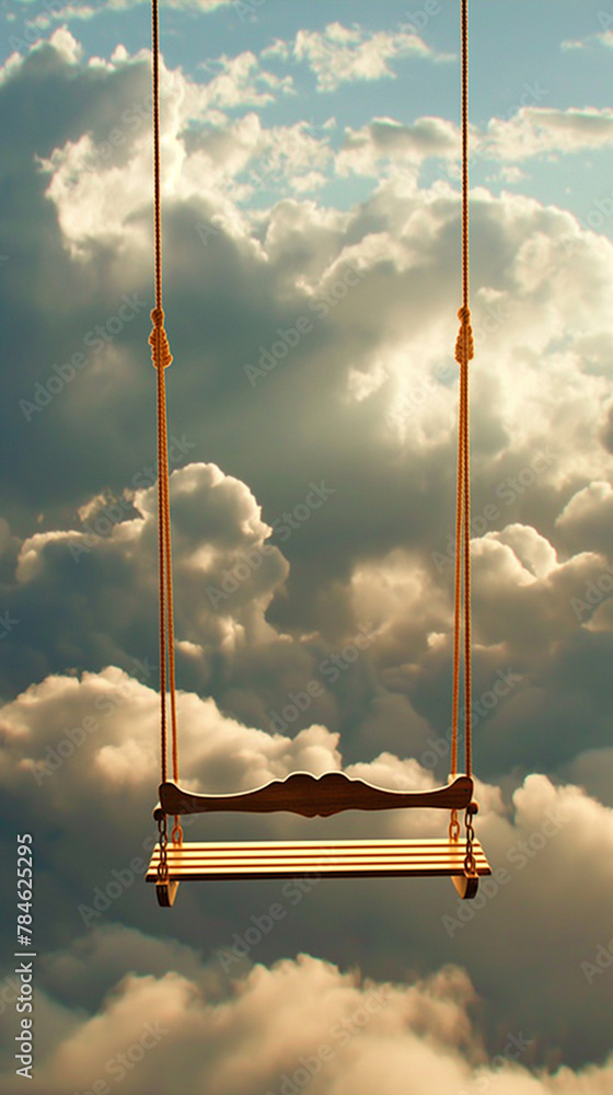 Vintage wooden swing suspended by ropes with clouds in the background ...