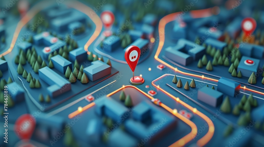 Emergency Response: A 3D vector illustration of a map with pins showing ...