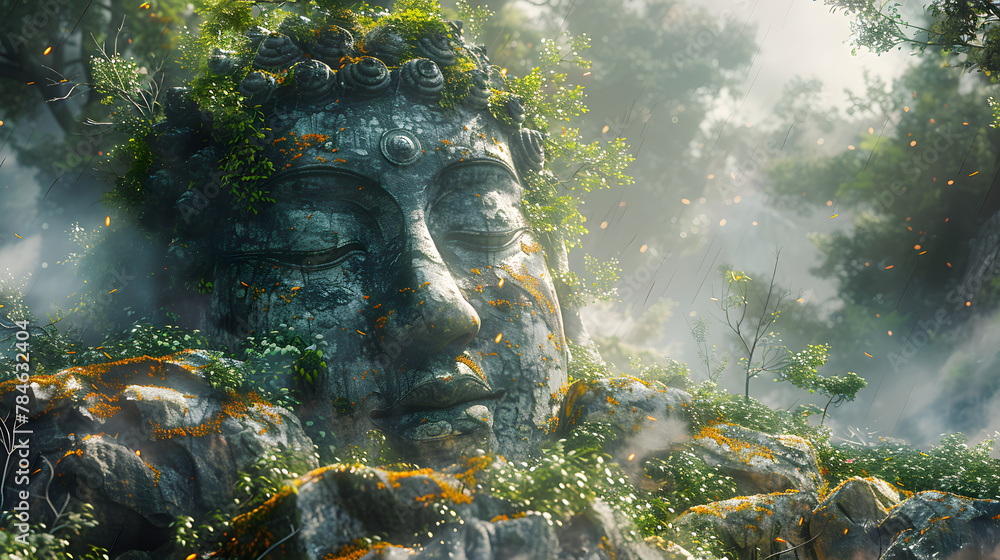 Serene temple garden with water cascading over rocks and a moss-covered ...