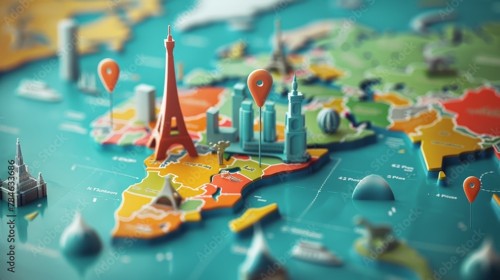 Travel Destination: A 3D vector illustration of a map with multiple ...