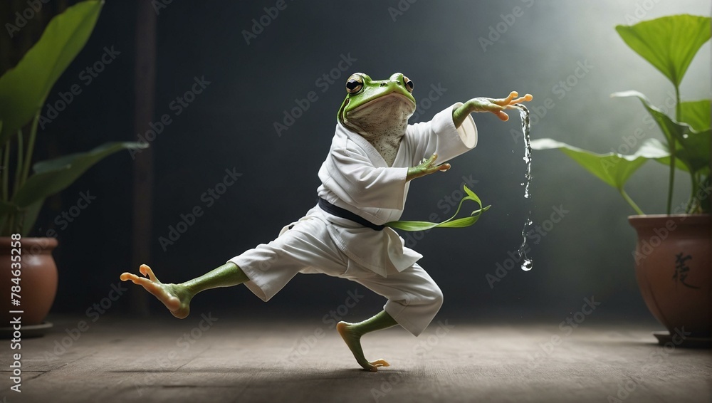 A skilled frog demonstrating a karate kick, mid-air with a focused ...