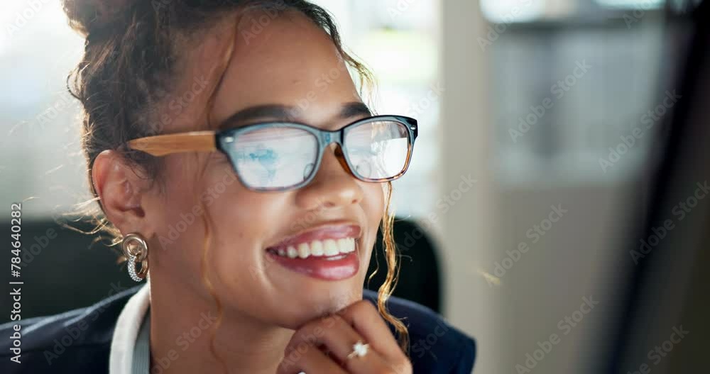 Computer, reflection and woman in office with glasses, smile and ...