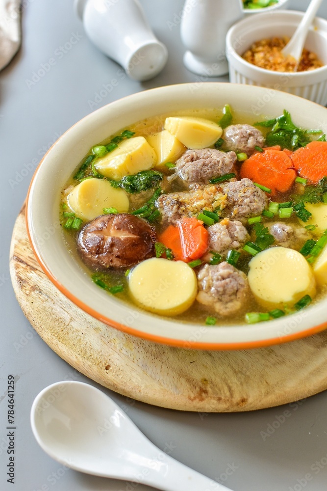 Clear Soup with Bean Curd and Minced Pork and seaweed , top view food ...