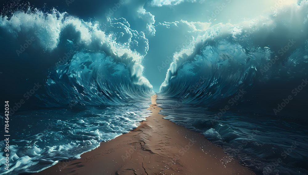 Сomposite of the ocean opening up to form a canal. Moses separate the ...