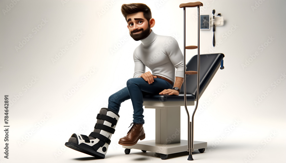 3D Caricature: Broken Leg Man on Crutches, Injured 3D Character: Man ...