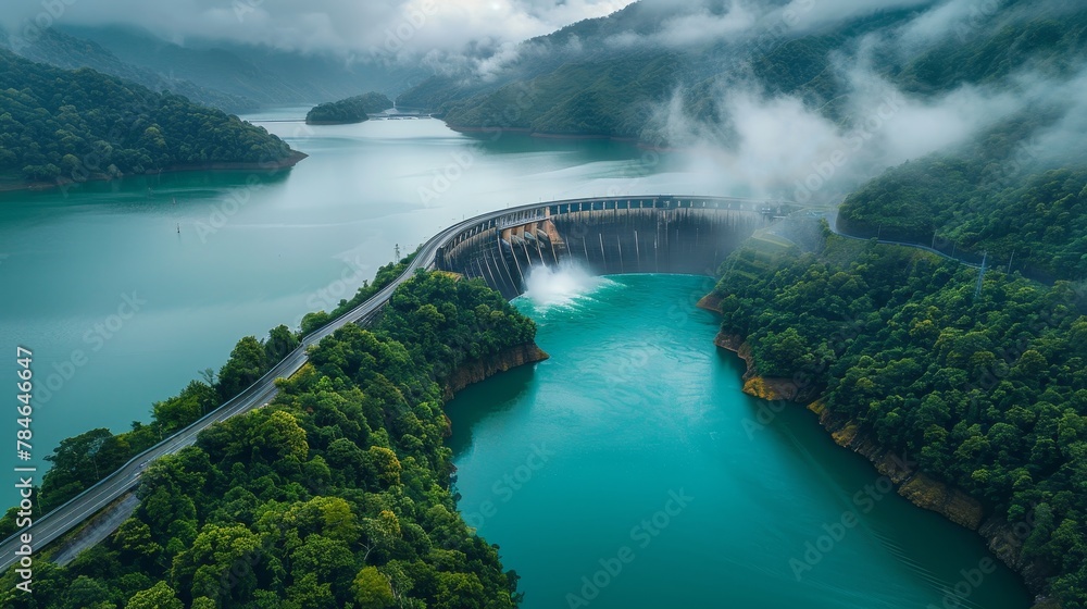 Overhead shot capturing a hydroelectric dam releasing water into a mist ...