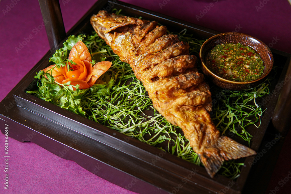Whole deep fried fish with spicy dipping sauce, Sea Bass, salmon, fish ...