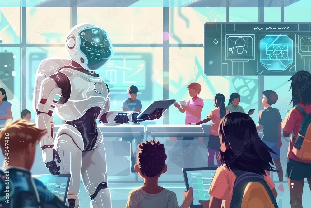 friendly AI tutor, teacher robot with a digital interface displaying ...