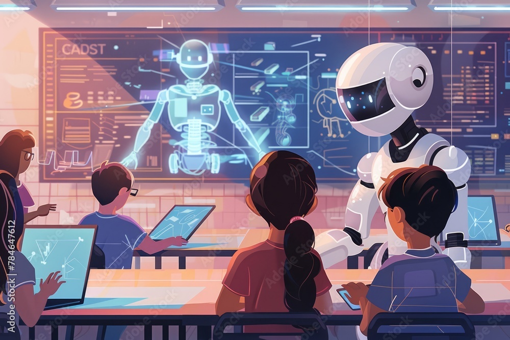 friendly AI tutor, teacher robot with a digital interface displaying ...