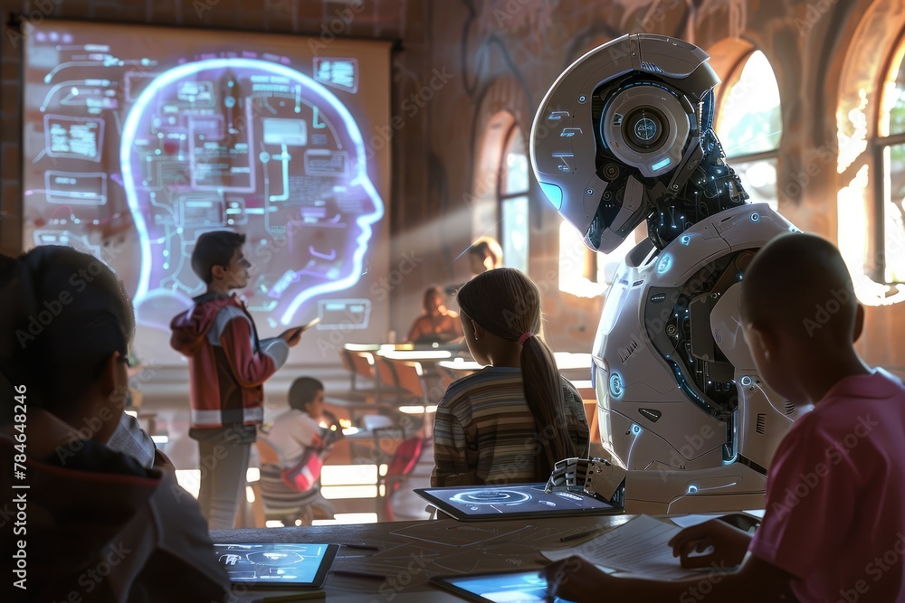 friendly AI tutor, teacher robot with a digital interface displaying ...
