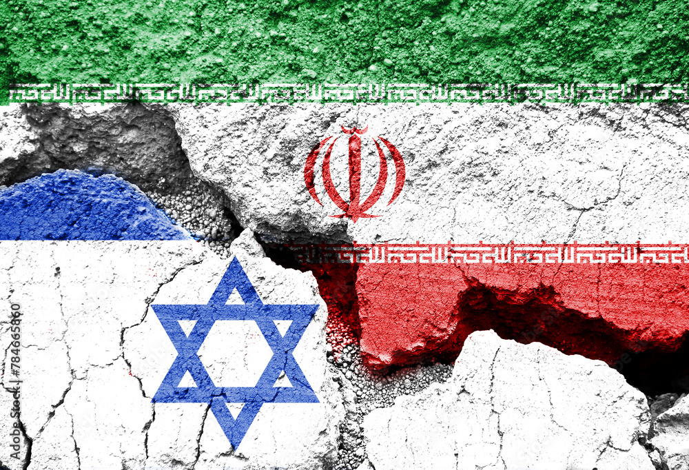 Flags of Israel and Iran on cracked background, Israeli Iranian ...