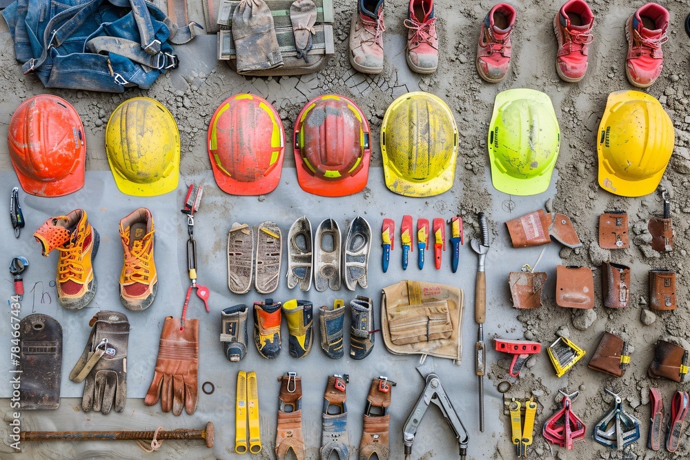 A collection of various construction equipment laid out on the ground ...