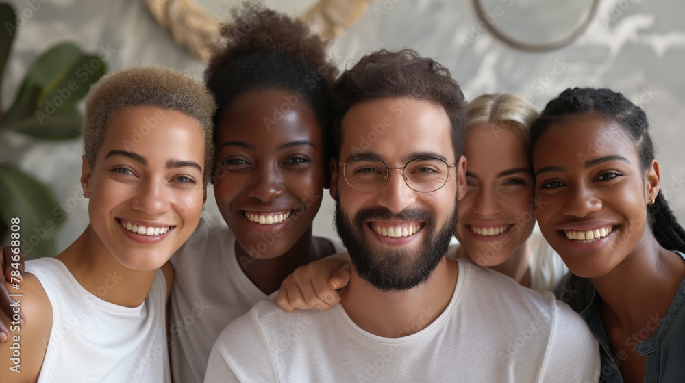 Group of happy people of different nationalities and races hugging each ...