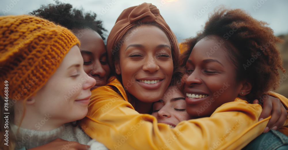 Group of happy people of different nationalities and races hugging each ...