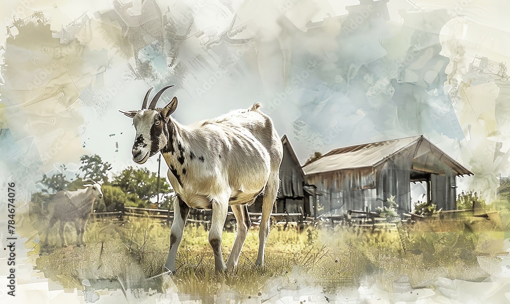 Capture the rustic charm of a rear view goat farming scene in a serene ...