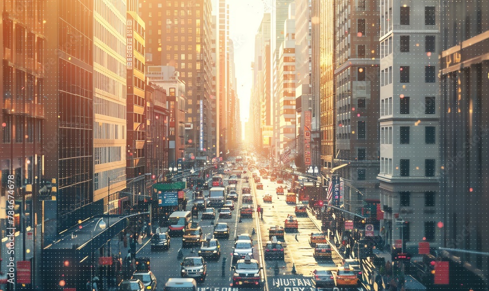 Craft a digital photorealistic illustration of a bustling city street ...