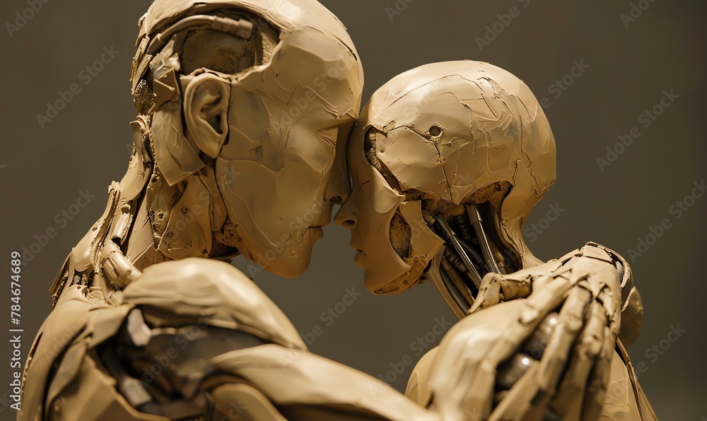 Craft a dramatic Human-Robot Interaction sculpture in clay, portraying ...