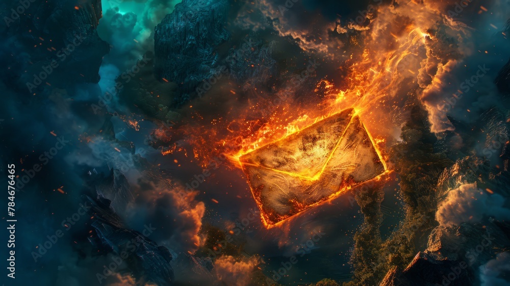 Molten lava cube amid snow and rocks - A digital art piece featuring a ...