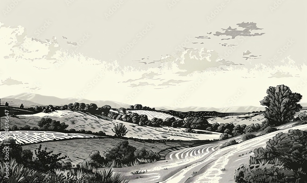 Design a captivating pen and ink illustration featuring a birds eye ...
