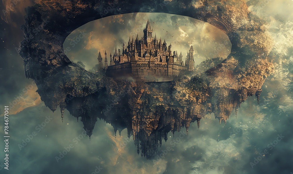 Dive into a fantasy realm with a worms-eye view of a mystical castle ...