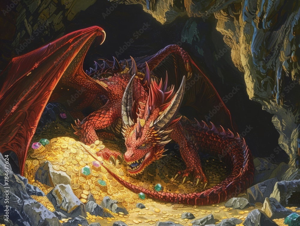 a fearsome dragon guarding a massive hoard of gold and jewels in a dark ...