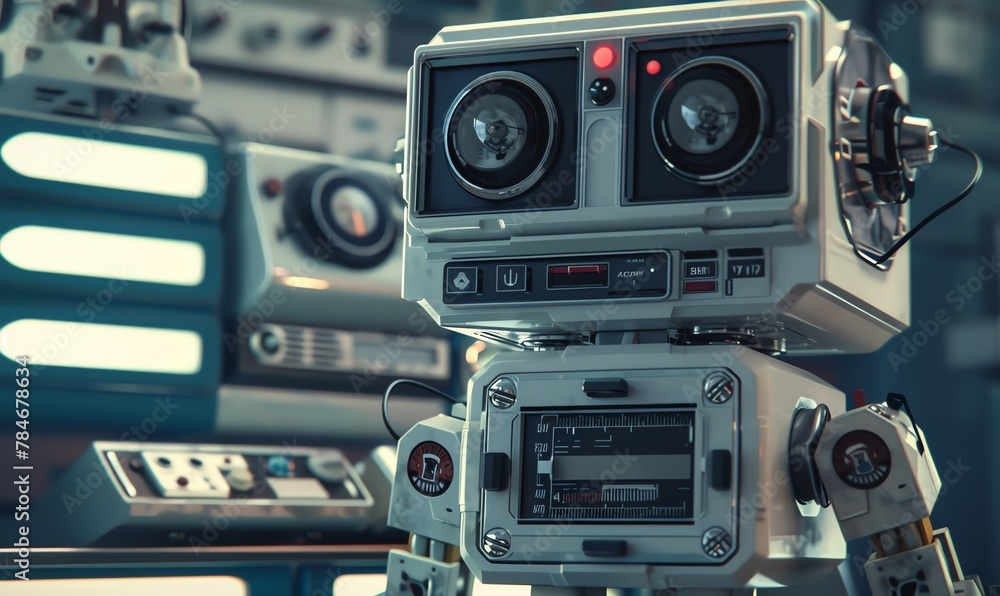 Illustrate a retro-inspired robotic assistant with a bulky, boxy body ...