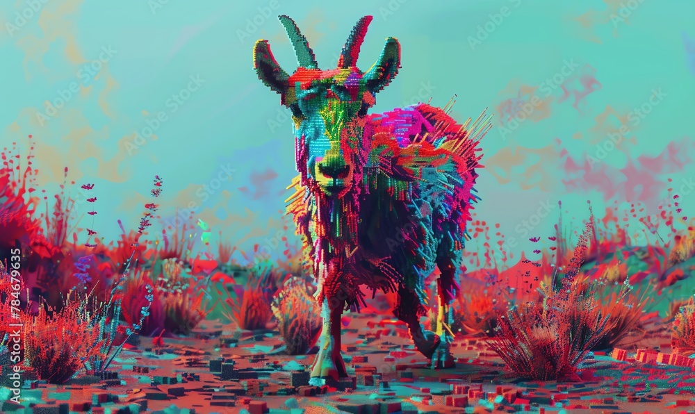 Illustrate a whimsical rear view goat with playful, exaggerated ...