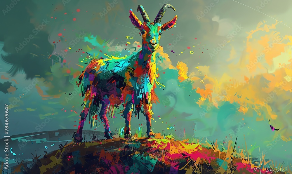Illustrate a whimsical rear view goat with playful, exaggerated ...