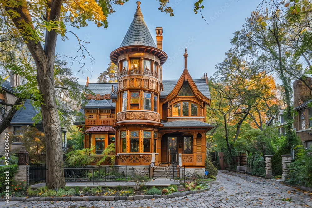A Craftsman home with a turret-like tower, intricate wood carvings, and ...