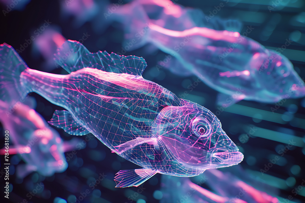 Intricate wireframe-based visualization of a fish set against a glowing ...