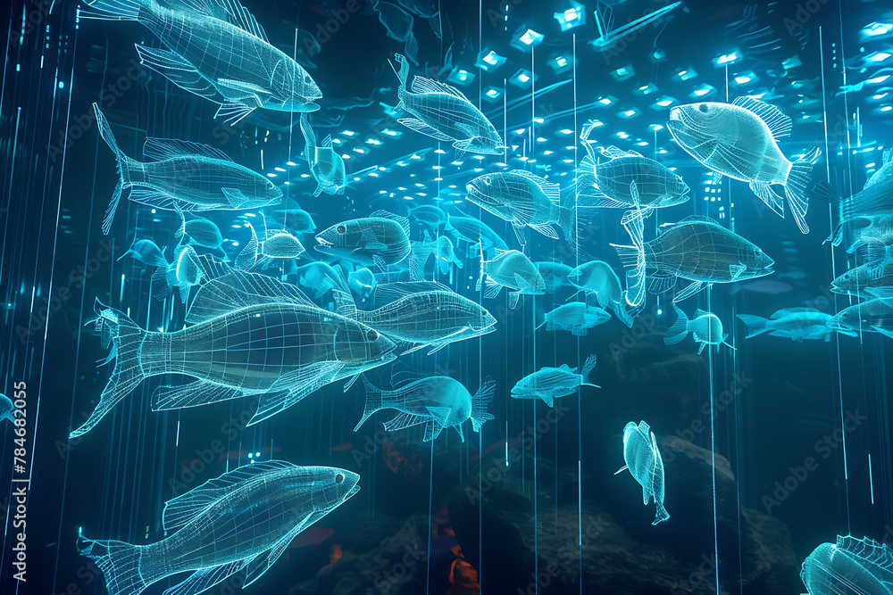 Intricate wireframe-based visualization of a fish set against a glowing ...
