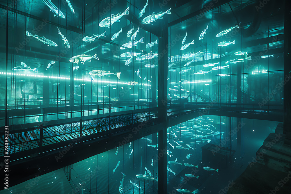 Intricate wireframe-based visualization of a fish set against a glowing ...