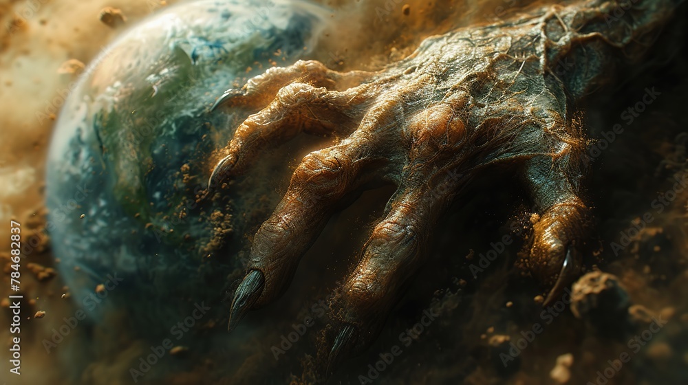 The devil holds the planet in his grasp, his claws piercing the surface ...