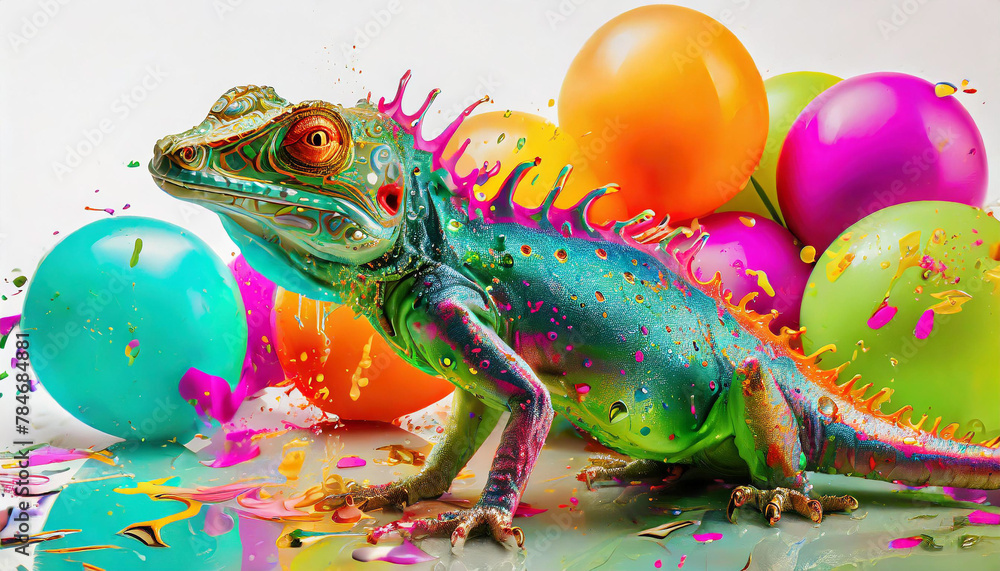 Colorful lizard art with party balloons and splattered paint. AI ...