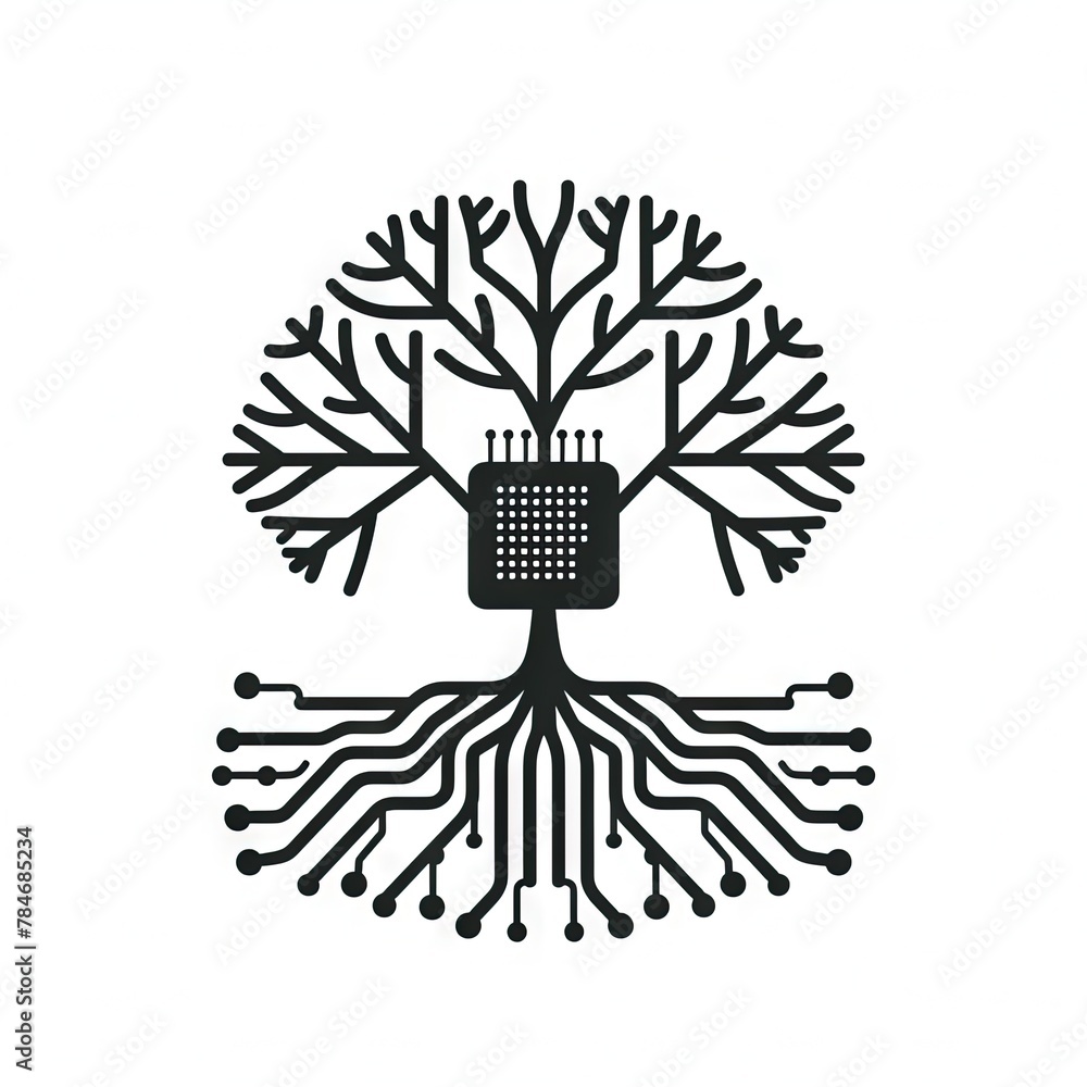Minimalist monochromatic logo concept with computer chip and tree with ...