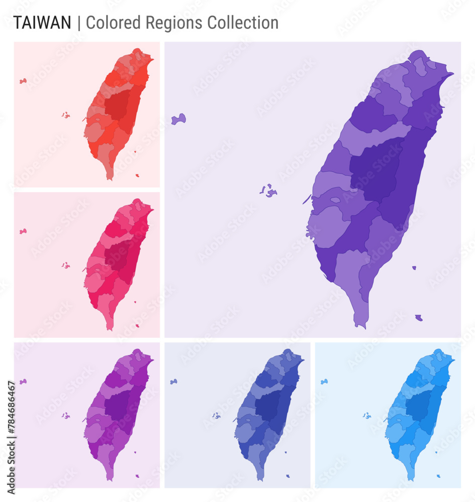 Taiwan map collection. Country shape with colored regions. Deep Purple ...