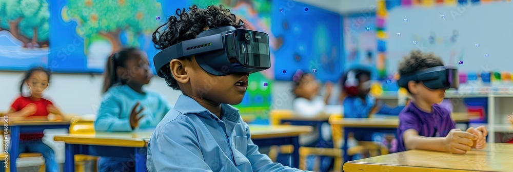 Young kid student using augmented and virtual reality in the classroom ...