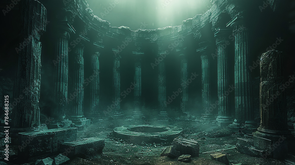 A dark Greek-style fighting arena with stone pillars and columns, with ...